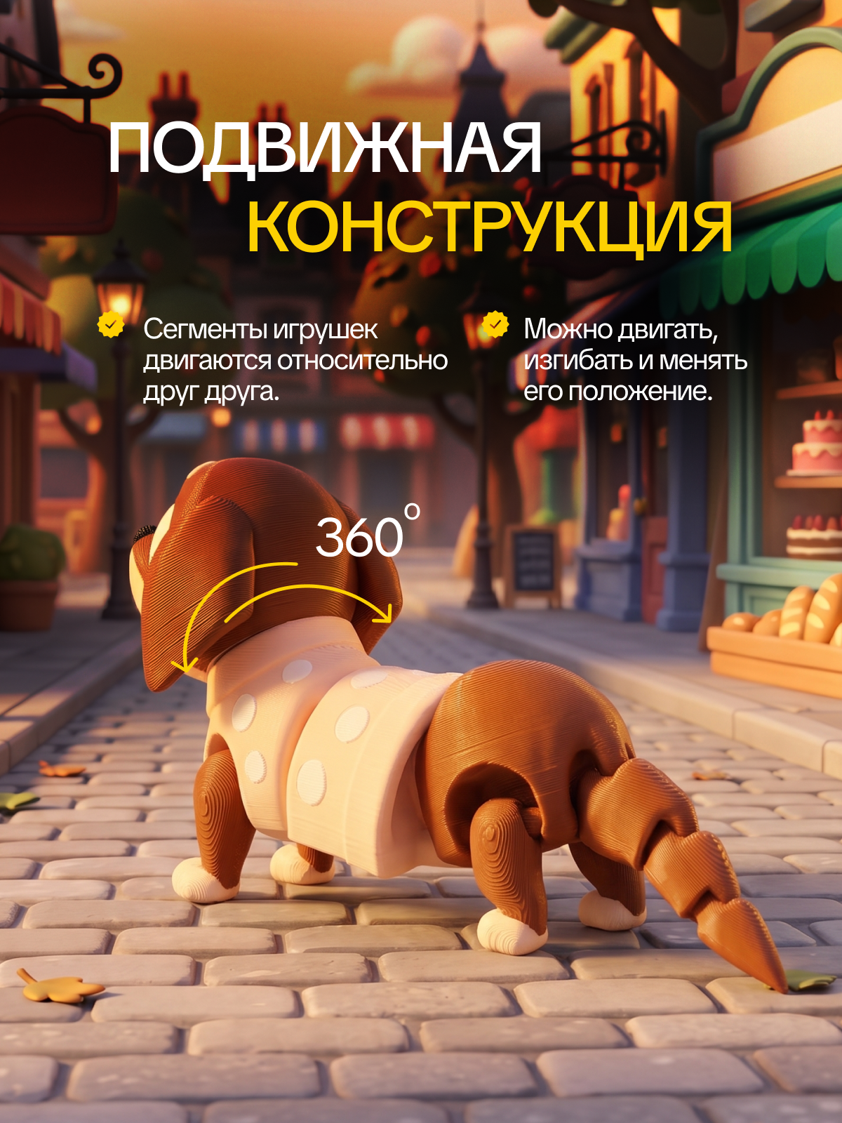 Подвижная собака Такса, игрушка антистресс, гибкая шарнирная, 3D — фото 1