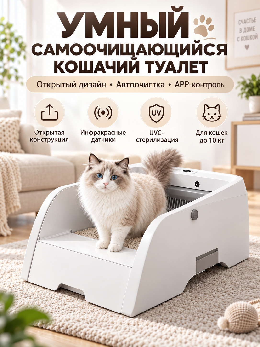 Умный автоматический туалет для кошек с инфракрасным датчиком и самоочисткой, 46×73,8×25 см