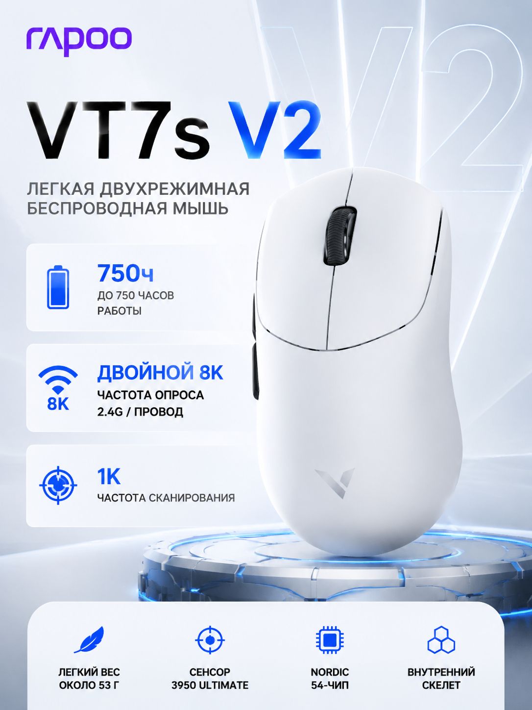 Беспроводная игровая мышь Rapoo VT7s V2 (Dual 8000Hz, 2 режима подключения, ультралегкая, сенсор PixArt, для CS2/Valorant)