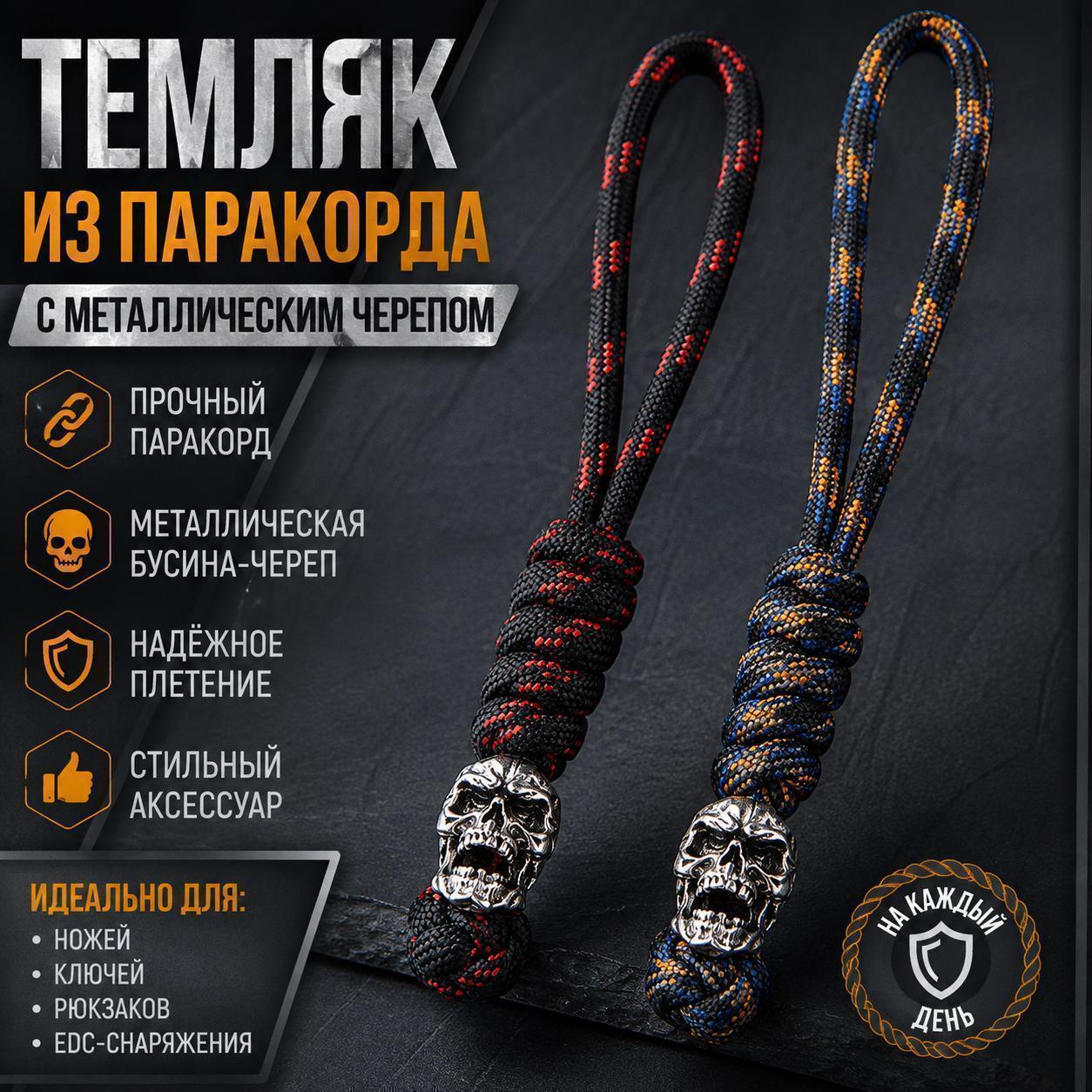 Брелок из паракорда с металлическим черепом, плетёный темляк для ножа, ключей и EDC-снаряжения, 2 шт.