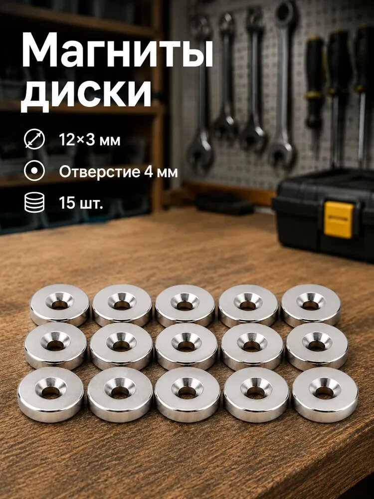 Магниты диски 12x3 мм - Отверстие для винта 4 мм - 15 шт