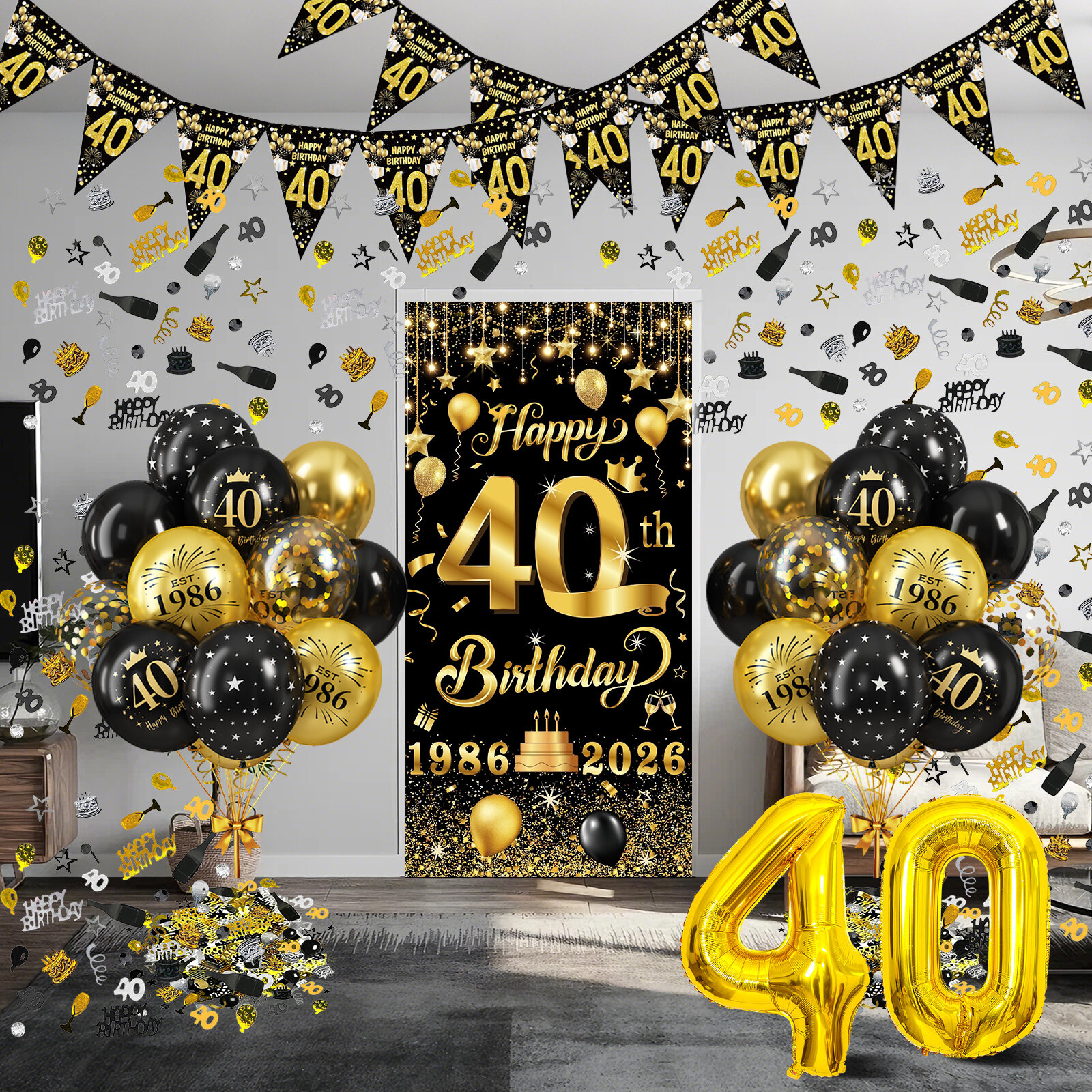 Набор для 40-летия / декор на день рождения 40 лет для мужчин и женщин, черно-золотой стиль, воздушные шары, баннер, гирлянда, фотозона