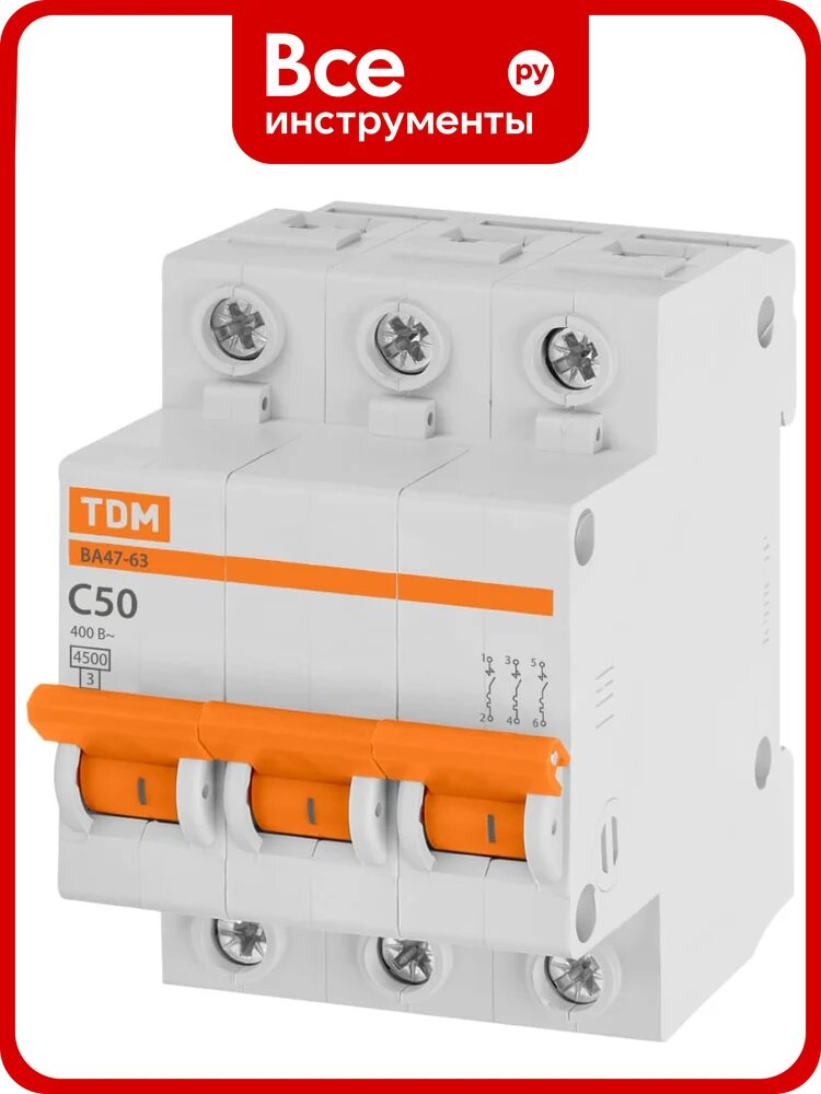 Автоматический выключатель TDM ELECTRIC ВА47-63 3Р 50А 4,5кА х-ка С SQ0218-0024