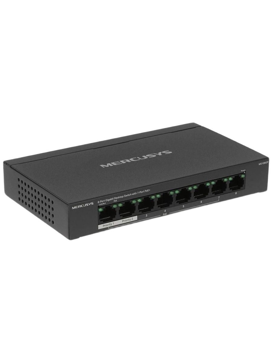 Коммутатор Mercusys MS108GP черный, неуправляемый, 8G, 7PoE