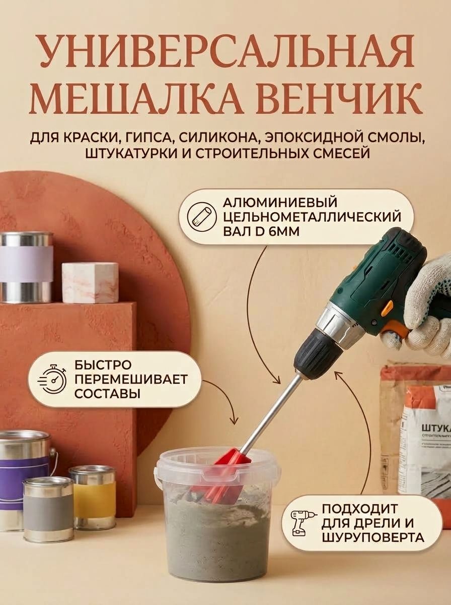 Мешалка-венчик универсальная: гипс, смола, краска, силикон, затирка