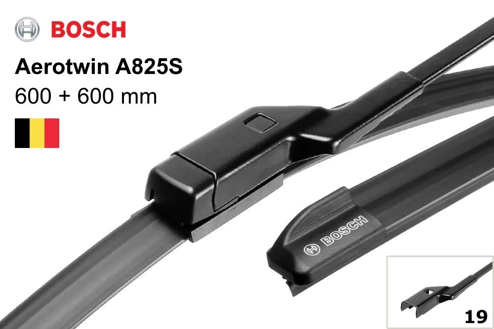 Щетки стеклоочистителя Bosch Aerotwin A825S (3397009825), бескаркасные, 600мм + 600мм, 2 шт, Push Button 19mm, для Mercedes-Benz C/E/CLS, Cadillac Escalade, Toyota Tundra