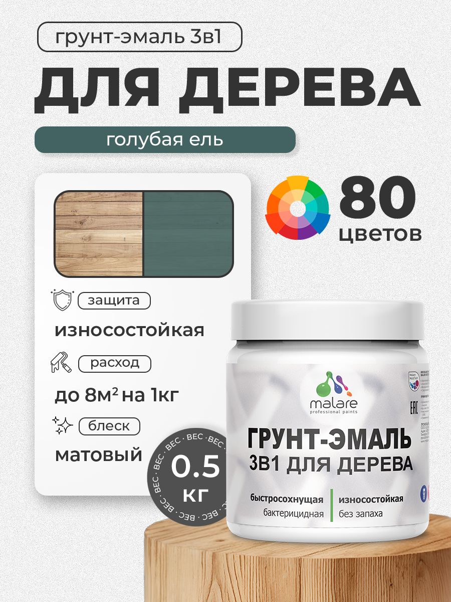 Акриловая Грунт-Эмаль 3 в 1 Malare для деревянных поверхностей/ краска по дереву с антисептическим эффектом/ быстросохнущая моющаяся без запаха матовая, голубая ель, 0.5 кг