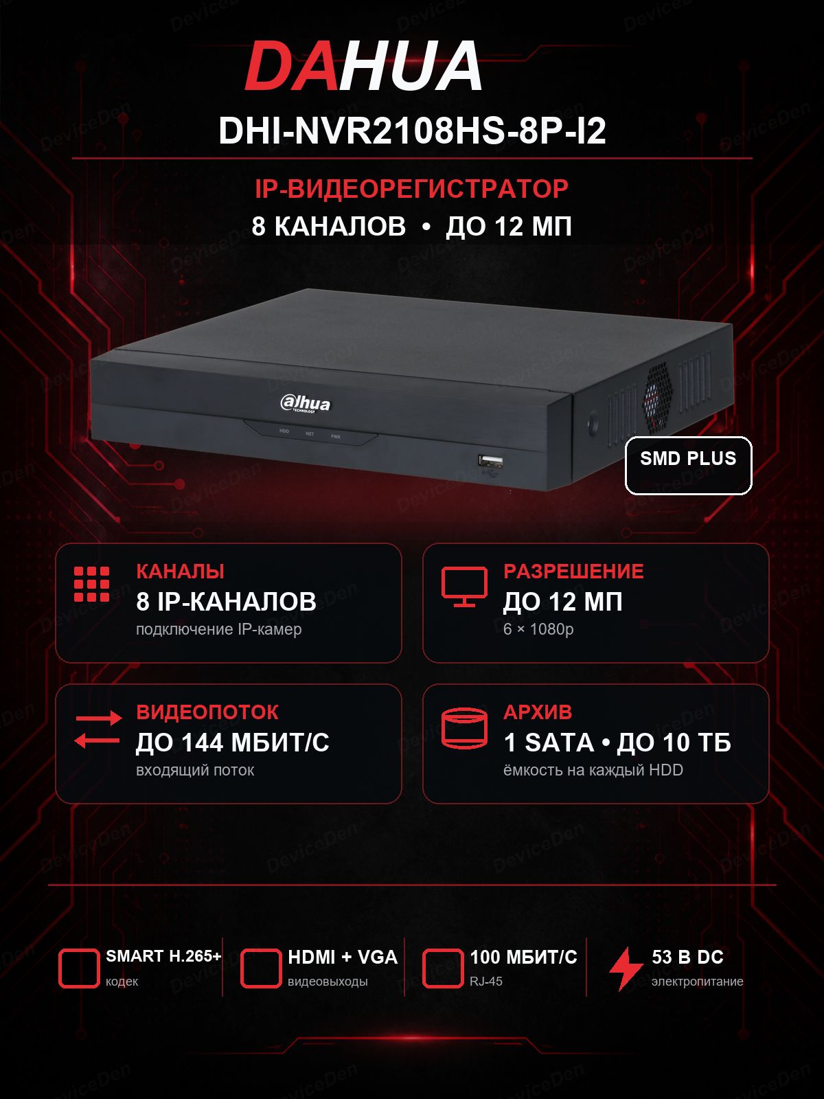 Dahua DHI-NVR2108HS-8P-I2 - IP-видеорегистратор, 8 каналов, запись до 12 Мп