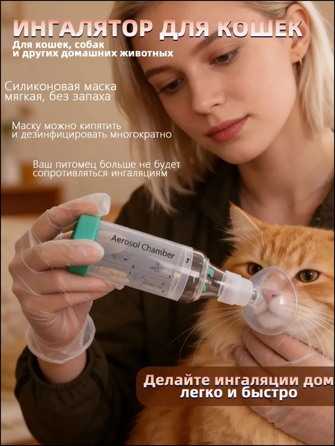 Ингалятор для кошек и собак с маской, небулайзер (спейсер) для дыхательных процедур