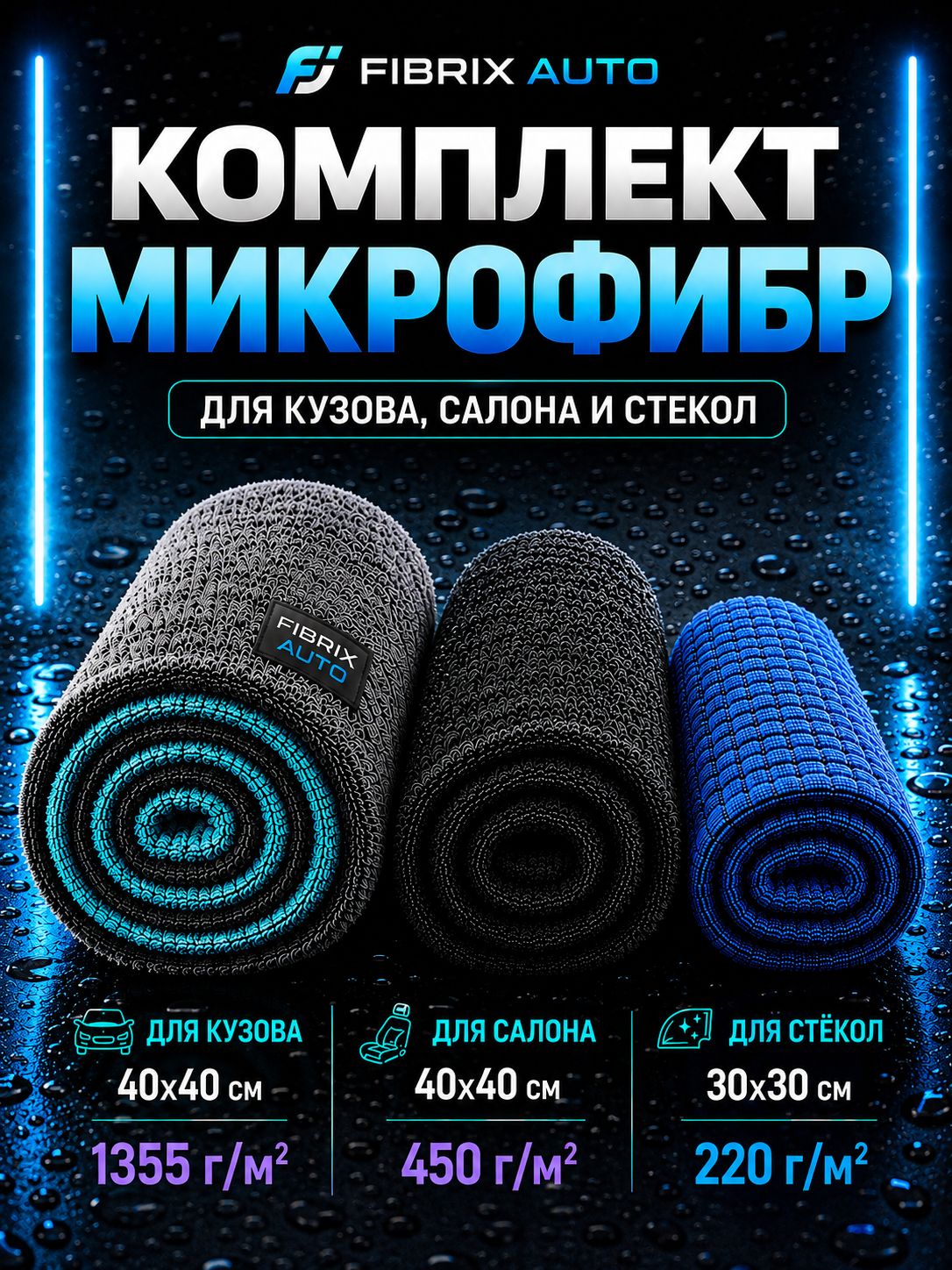 Набор тряпок для автомобиля из микрофибры 3шт. Тряпка для сушки кузова, тряпка для салона, салфетка для стекла