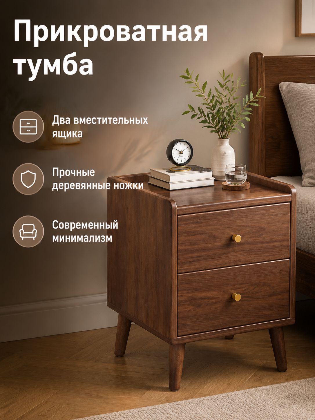 Прикроватная тумба в современном стиле, с двумя выдвижными ящиками, глубокая, 40 см, темно-ореховый