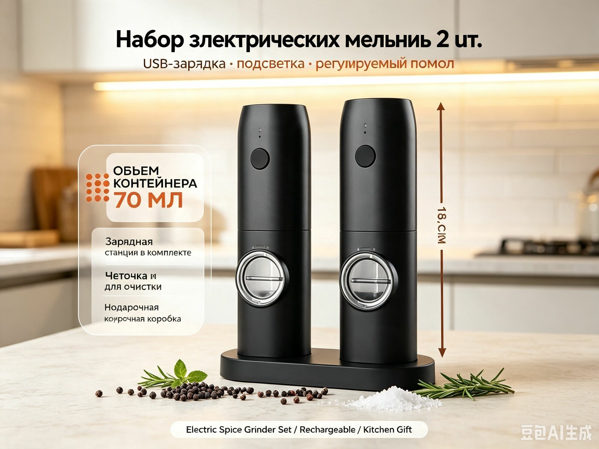 Электрическая мельница для перца и соли с подсветкой, перезаряжаемая через USB, набор мельниц для кухни