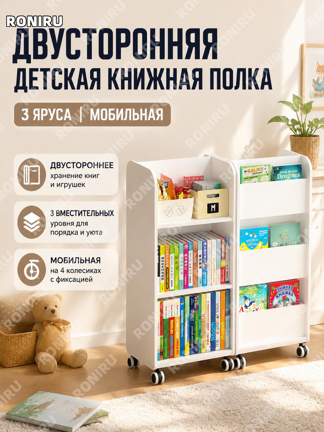 Двусторонний мобильный детский книжный шкаф 3 уровня 45 см белый, напольная вращающаяся полка для книг и хранения