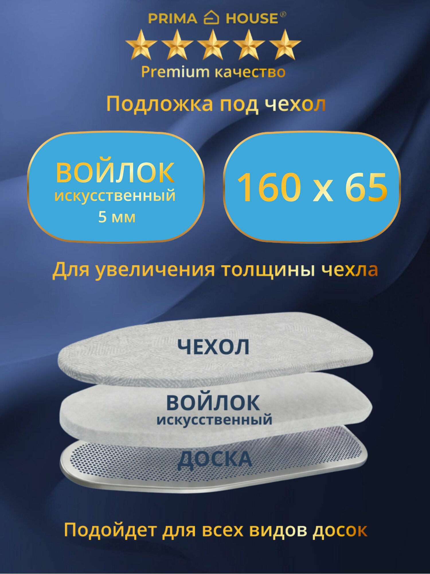 Войлочная подкладка под чехол 5 мм, 160х65 см Prima House