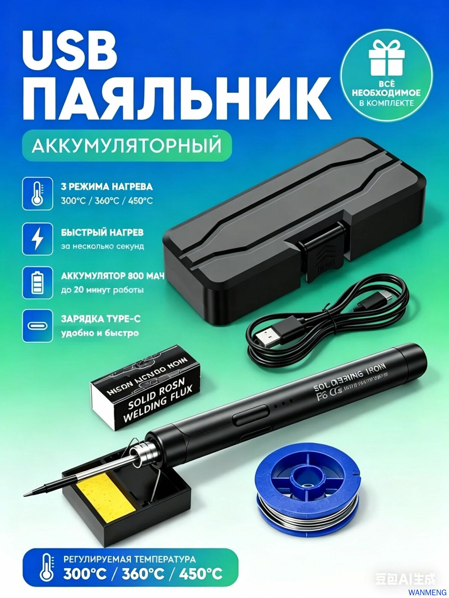 Паяльник 8 Вт, Нихромовый нагреватель, 6 предметов