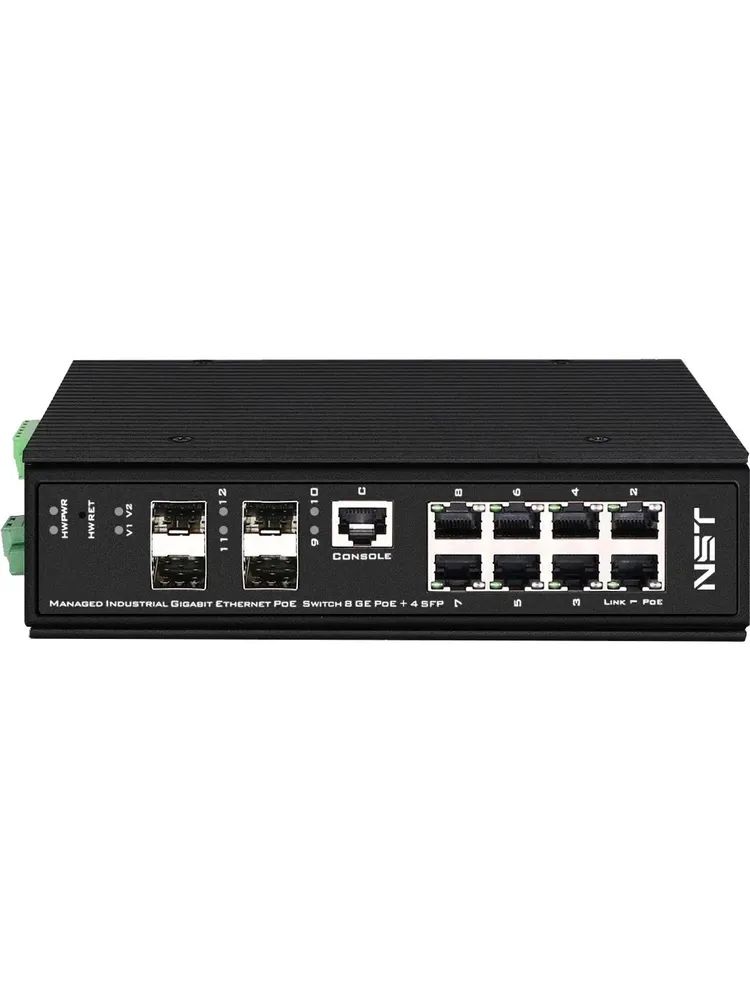 Промышленный управляемый (L2+) Ultra PoE коммутатор Gigabit Ethernet NS-SW-8G4G-SPLIM на 8GE PoE + 4 GE SFP порта с функцией мониторинга температуры/ влажности/ напряжения.