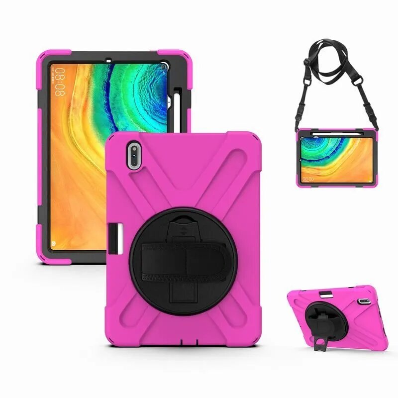 Чехол для Huawei MatePad Pro 5G LTE 10.8 (MRX-W09/W29/MRX-AN19) / Huawei MatePad Pro 10.8 (2021) WRR-W09, Силиконовый чехол для планшета подставка плечевой ремень, розовый