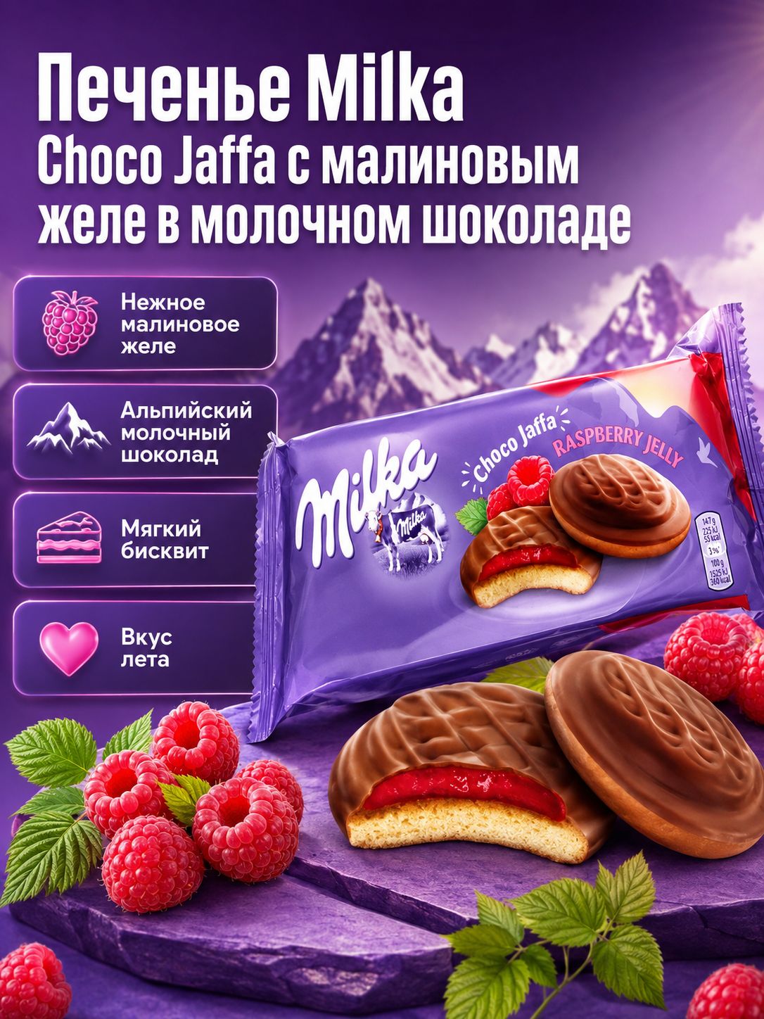 Печенье Milka Choco Jaffa с малиновым желе в молочном шоколаде
