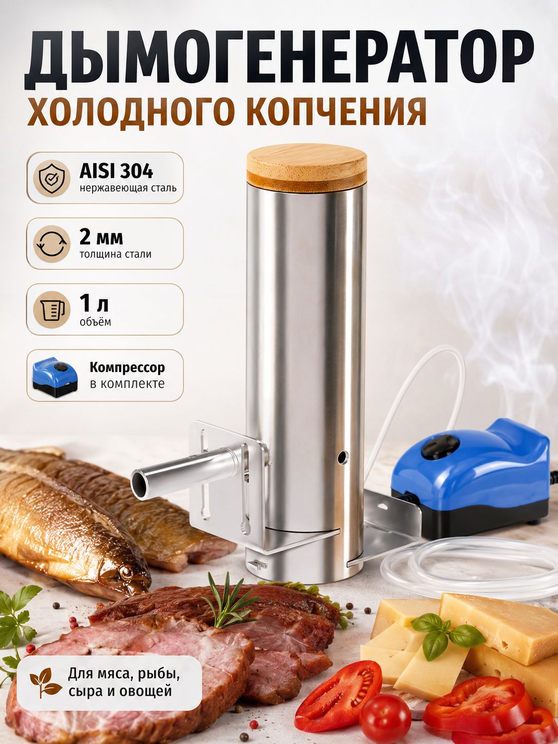 Дымогенератор для холодного копчения из нержавеющей стали с регулируемым компрессором