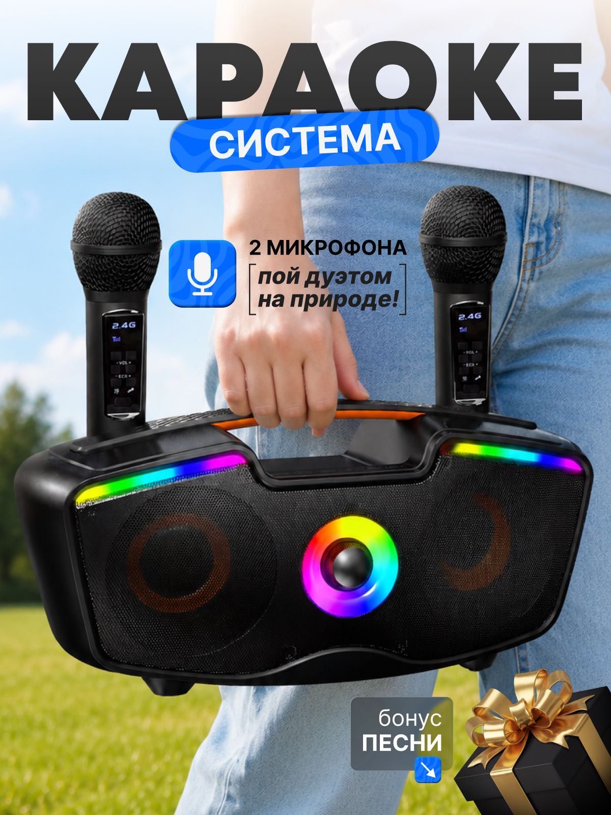 Портативная караоке-система SD-219 с двумя микрофонами, поддержка Bluetooth, microSD, USB Type-C, серый цвет