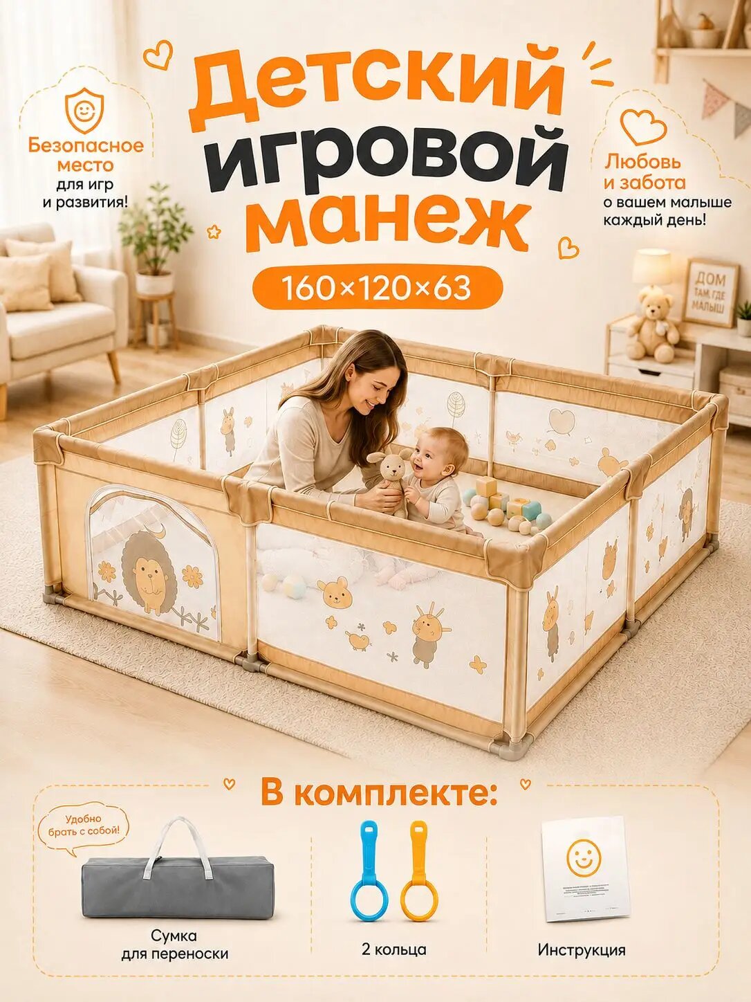 Манеж детский игровой ,160*120*63 см, безопасная сетчатая оградка для малышей-ползунков, антискользящая конструкция, и дышащая сетка, для дома и дачи