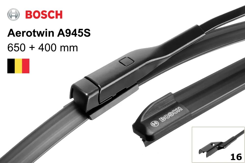 Щетки стеклоочистителя Bosch Aerotwin A945S (3397007945), бескаркасные, 650мм + 400мм, 2 шт, Push Button 16mm, для BMW X1, SEAT Leon, Opel Crossland X