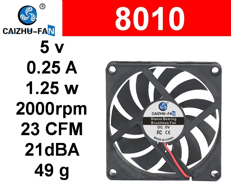 Вентилятор 8010 CAIZHU-FAN 5v 0.25A 1.25w 27dBA 2400rpm 80x80x10мм, Cable 26см 2pin, FC685
