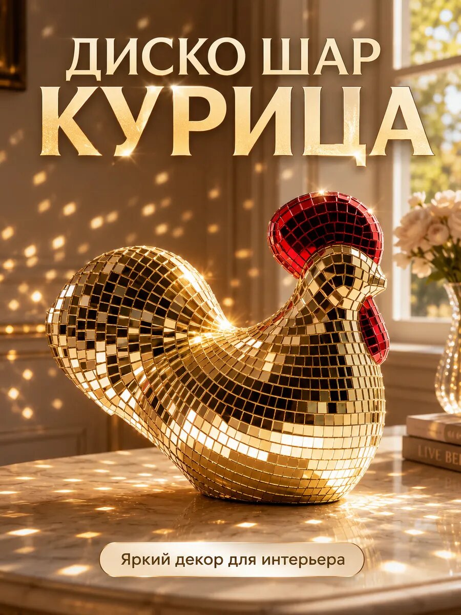 Курица-диско шар зеркальная фигурка для интерьера