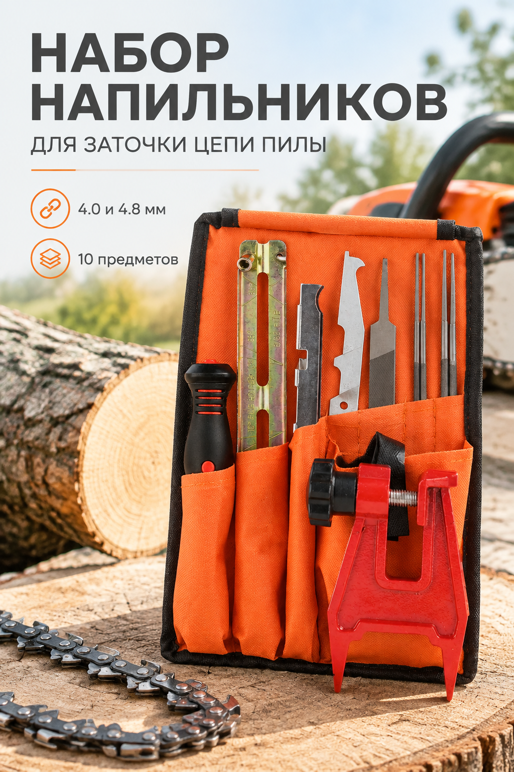 Набор напильников для заточки цепи пилы, 10 предметов, 4.0 и 4.8 мм, 320 мм
