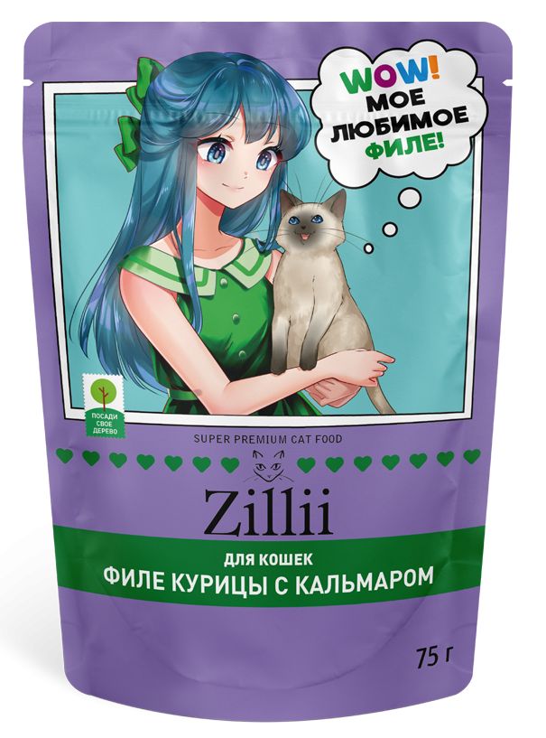 Zillii влажный корм для взрослых кошек с курицей и кальмаром в желе, в паучах - 75 г х 12 шт
