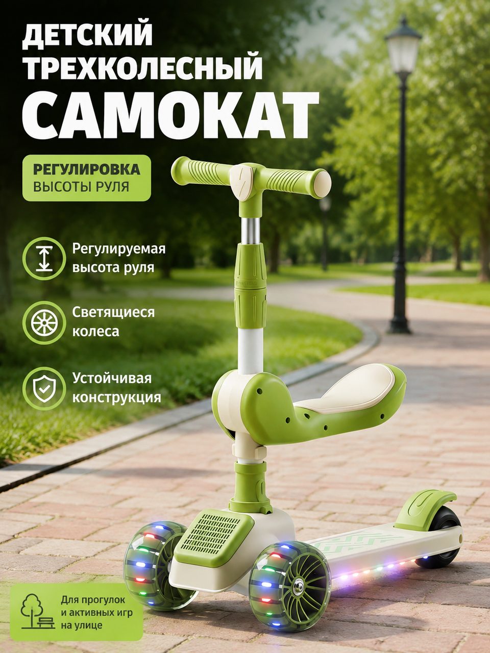 Самокат трехколесный детский, регулировка высоты руля