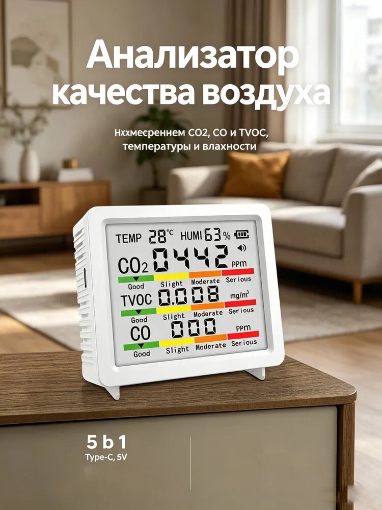 Анализатор качества воздуха 5 в 1, с измерением CO2, CO и TVOC, температуры и влажности, Type-C, 5V, с звуковым сигналом и дисплеем, для дома и офиса, белый