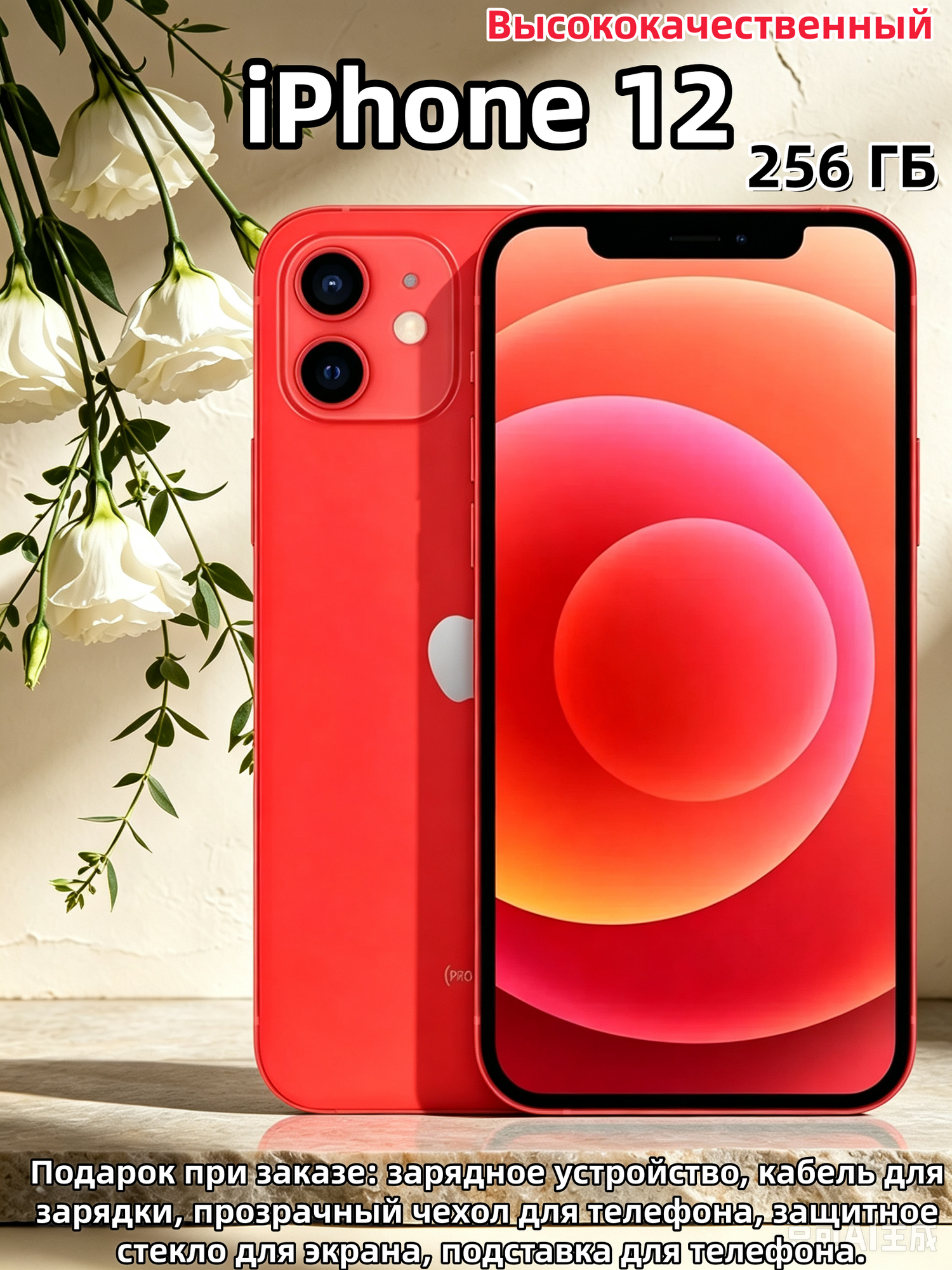 Смартфон Apple iPhone 12, 256 ГБ, экран XDR OLED диагональю 6,1 дюйма, поддержка двух Nano SIM-карт, цвет красный.