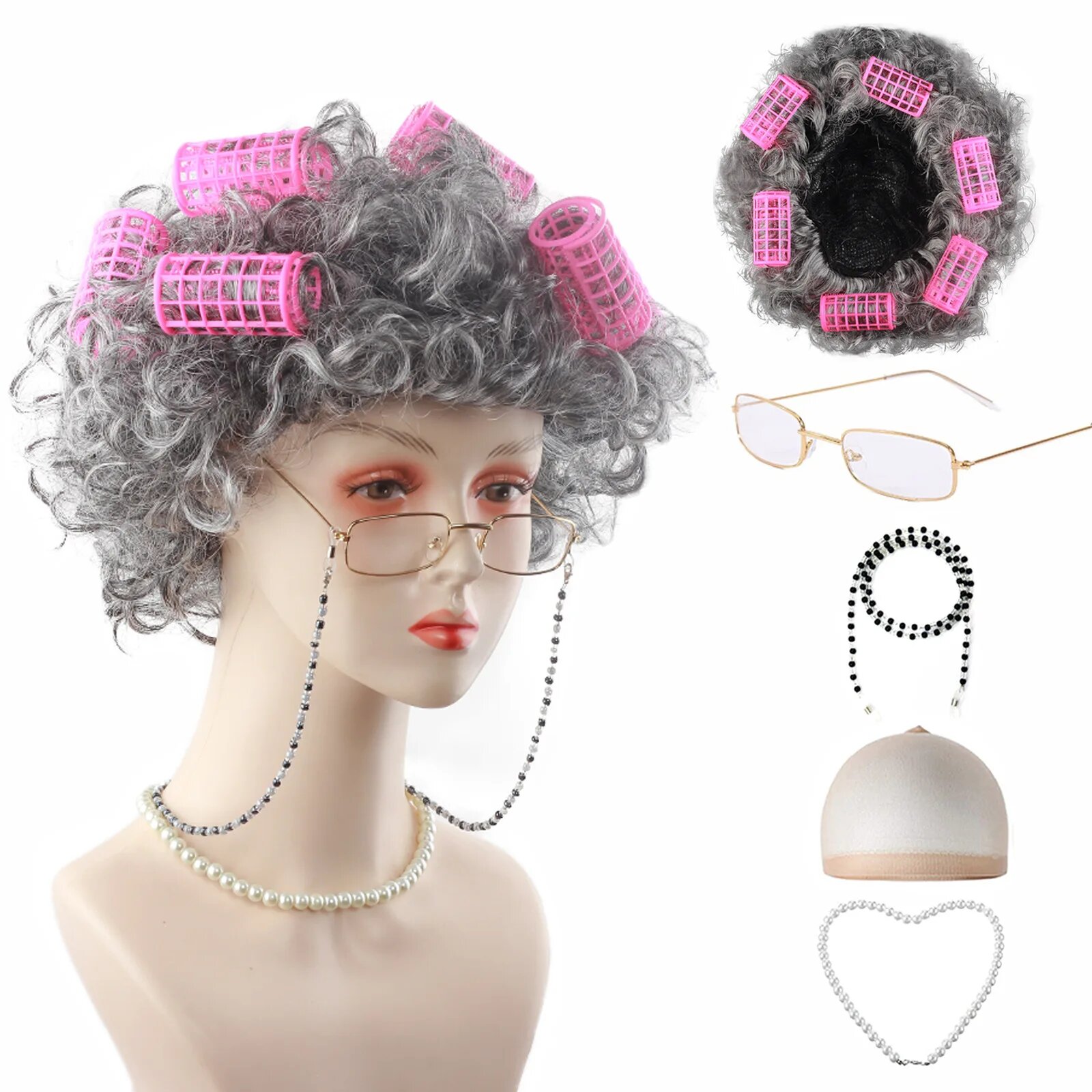 Костюм старушки с кудрявой седой прической, Gray 2