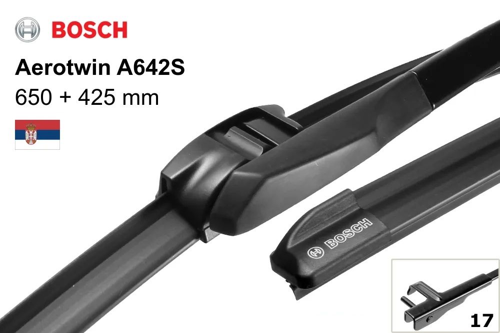 Щетки стеклоочистителя Bosch Aerotwin A642S (3397007653), бескаркасные, 650мм + 425мм, 2 шт, Side Pin 17mm, для BMW 6 F06/F12/F13, Rolls-Royce Dawn, Wraith