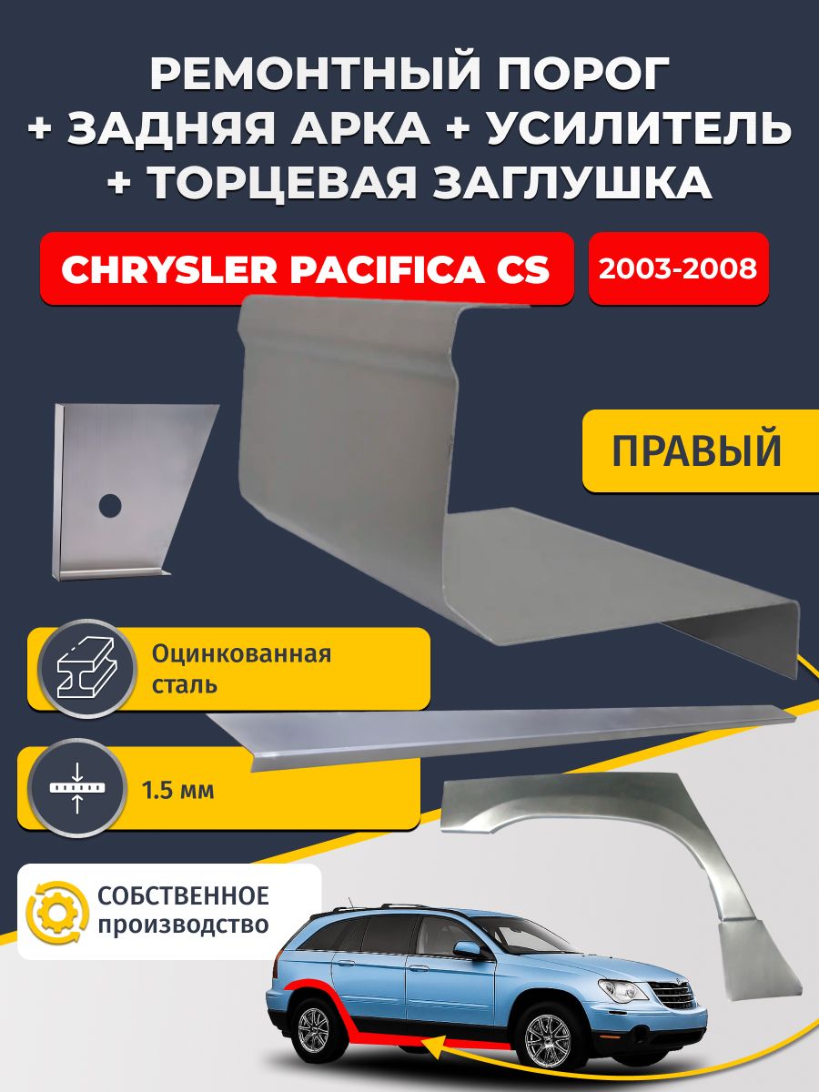 Правая ремонтная задняя арка (0,8 мм) и правый стандартный ремонтный порог + торцевая заглушка + усилитель, на Chrysler Pacifica 1 CS 2003-2008 (Пацифика). Оцинкованная сталь 1,5 мм