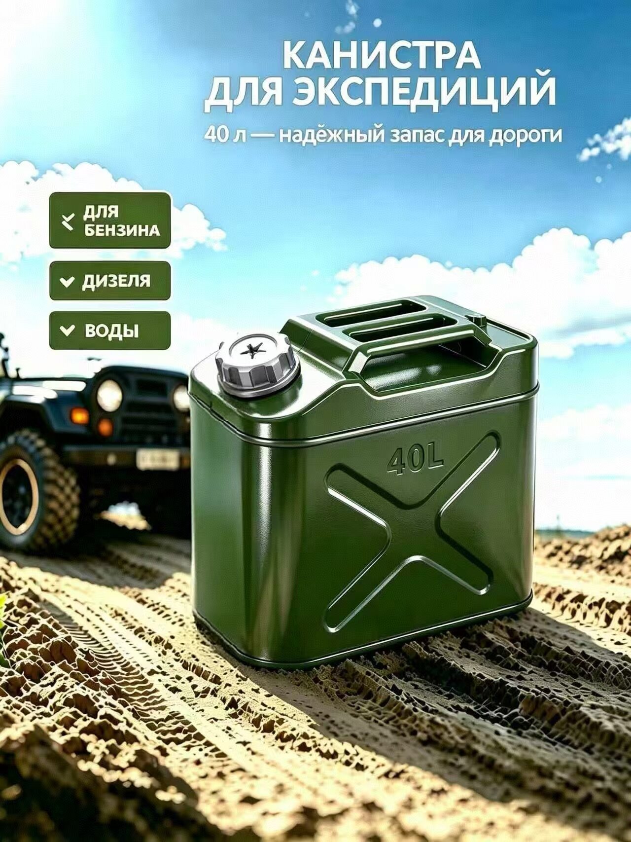 Канистра Rekidel, для ГСМ, одноемкостная, металл, 40л, зеленая