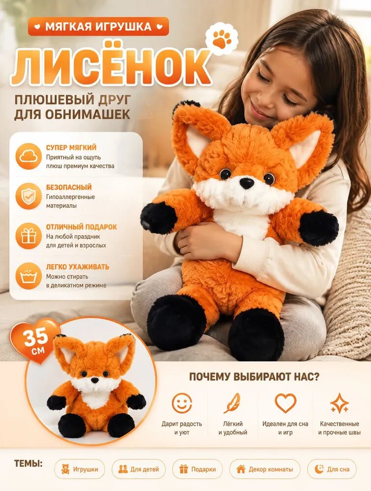 Мягкая игрушка Fancy Лиса Лика 30 см / Длинная подушка для засыпания и сна детей и взрослых, Плюшевая обнимашка валик для подростков / Прикольный подарок для девочки и мальчика