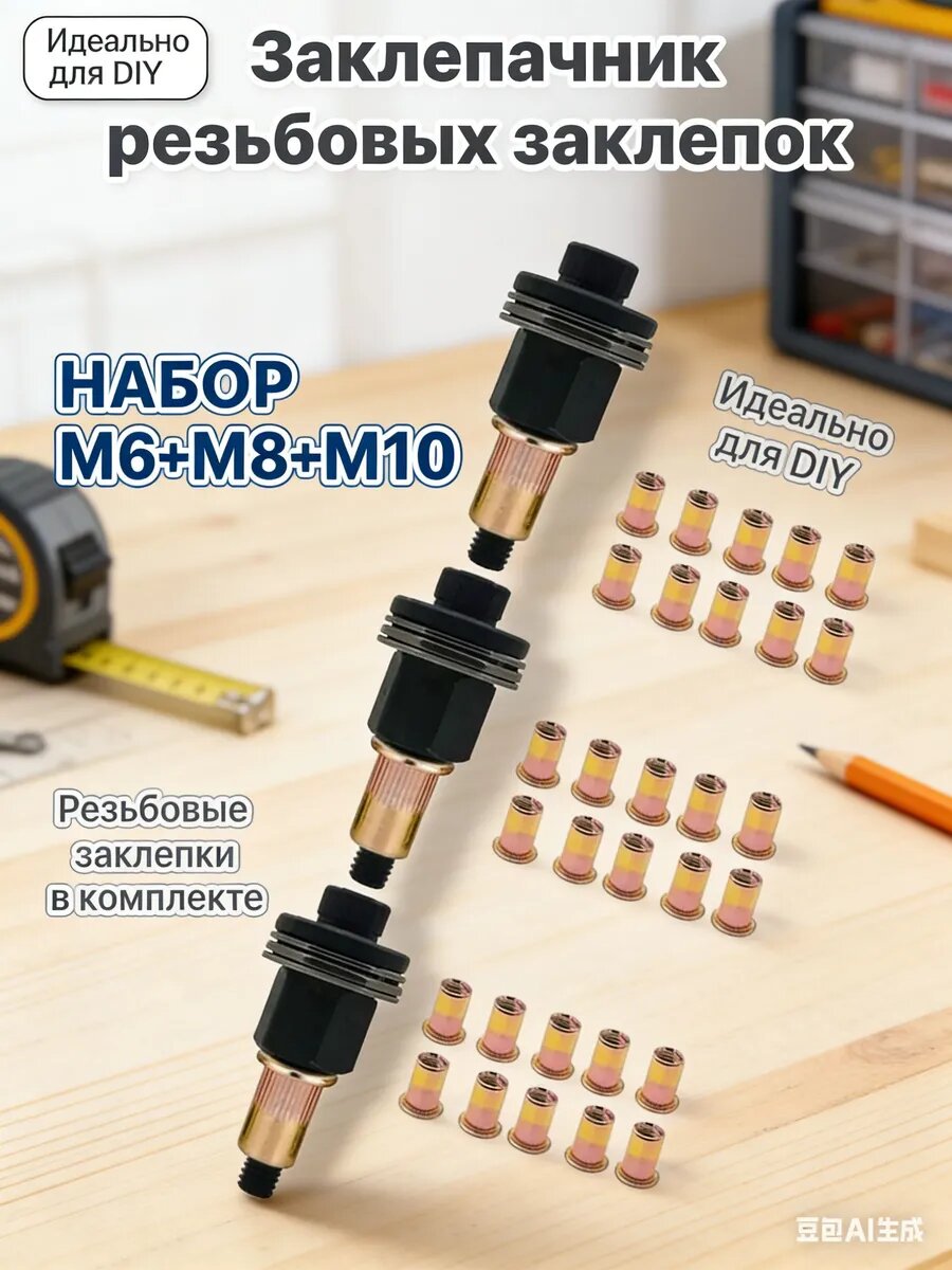 Инструмент для установки резьбовых заклепок / Адаптер для шуруповерта / Заклепки резьбовые М6 М8 М10
