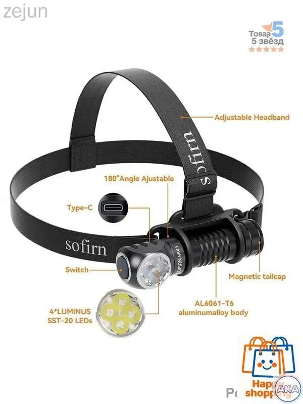 Налобный фонарь Sofirn, 4000 Лм, 325 м, 9 режимов, IP68, алюминий, встроенный аккумулятор 21700, черный