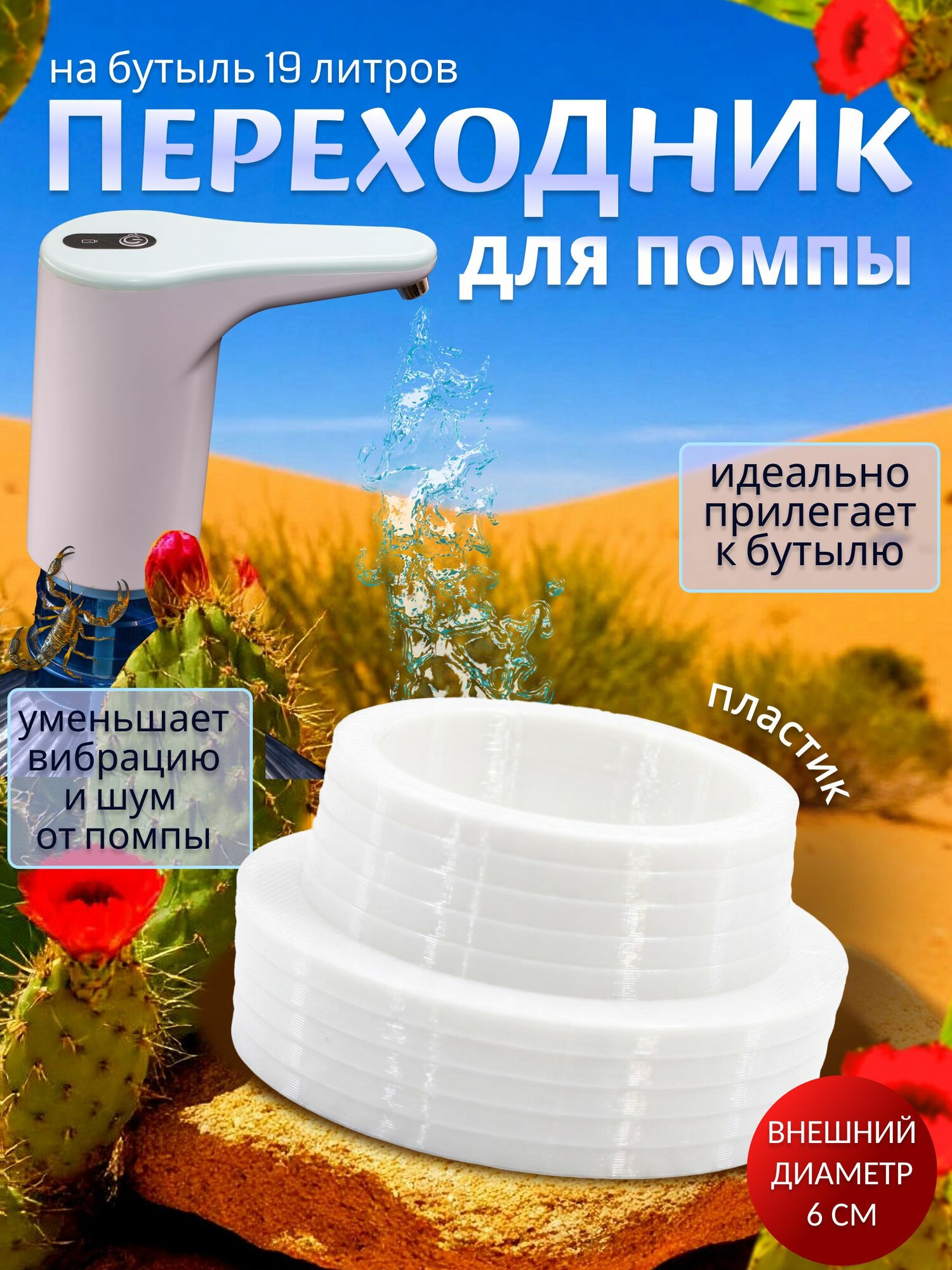 Универсальный переходник электрической помпы на бутыль 19л. Цвет белый. Адаптер диспенсера на большую бутылку воды. Пластиковая насадка на горлышко для автоматического насоса воды. Фиксатор дозатора.