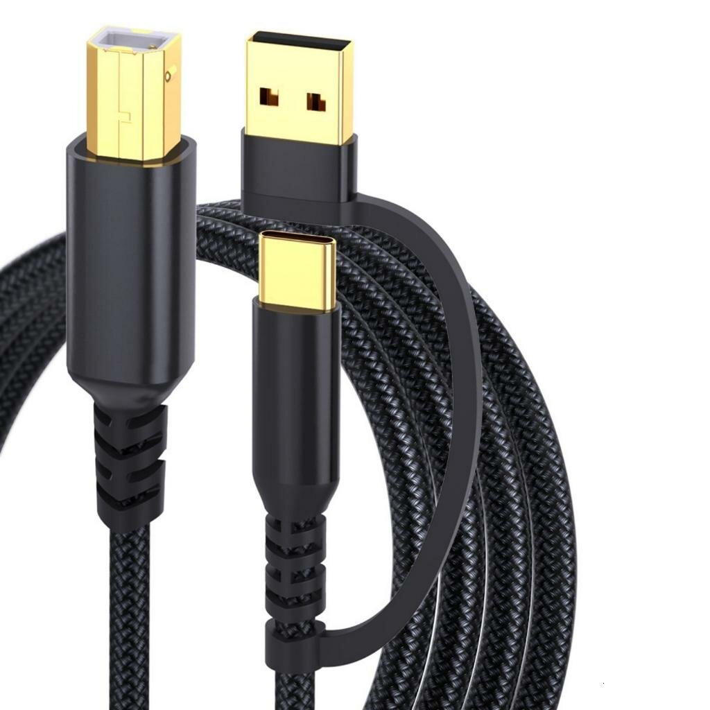 2-в-1 USB A/C - USB B кабель для принтера (оплетка, быстрая передача), Черный - 2m
