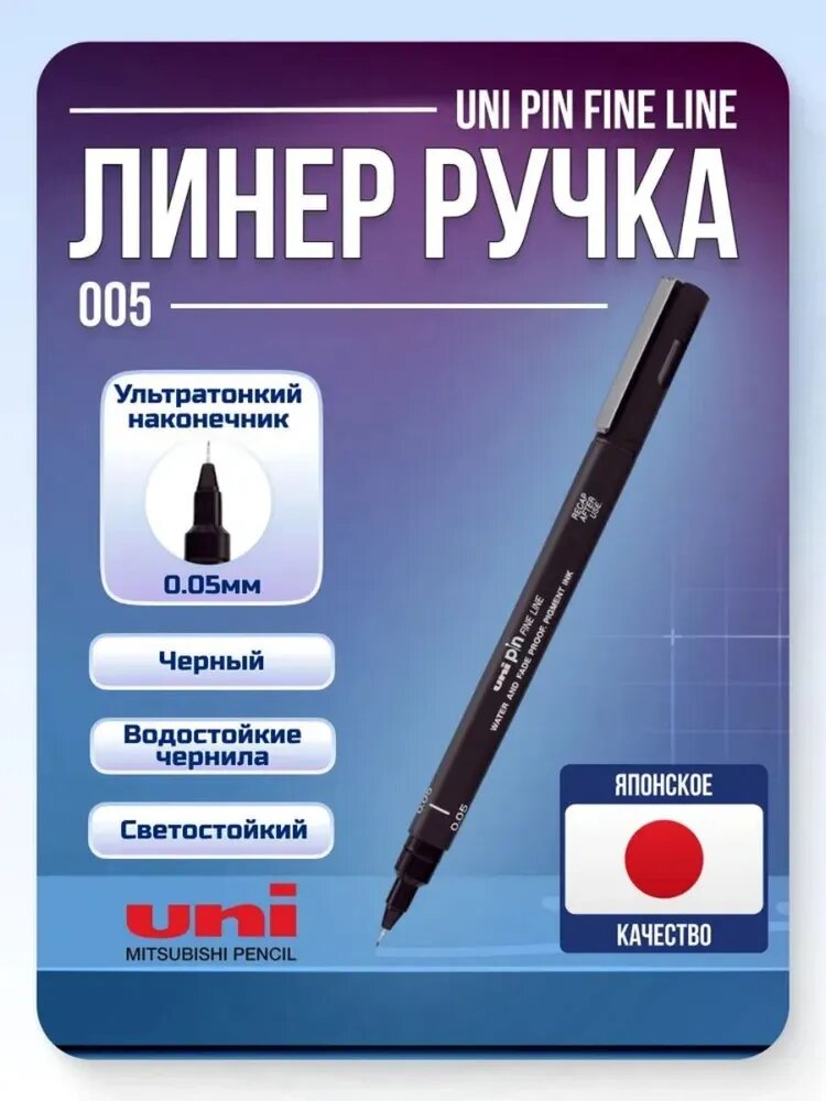 Ручка Линер, толщина линии: 0.05 мм, цвет: Черный, 1 шт.