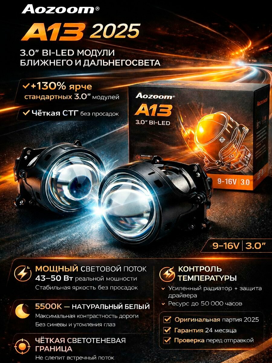 Aozoom A13 Bi-LED линзы 3 дюйма 5500K, комплект 2 шт