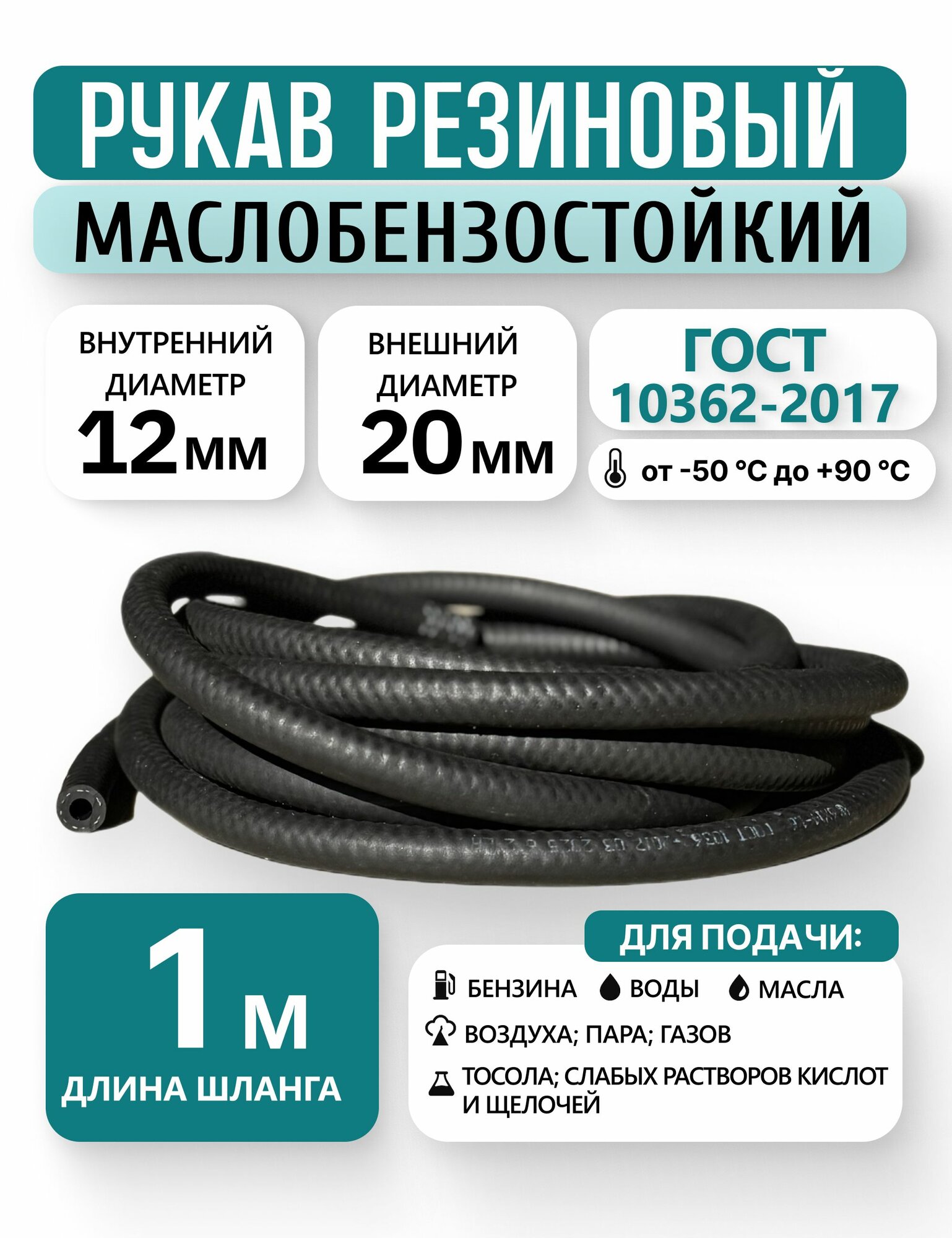 Шланг топливный маслобензостойкий 12мм 20мм 1 метр ГОСТ10362-2017 1,6МПа