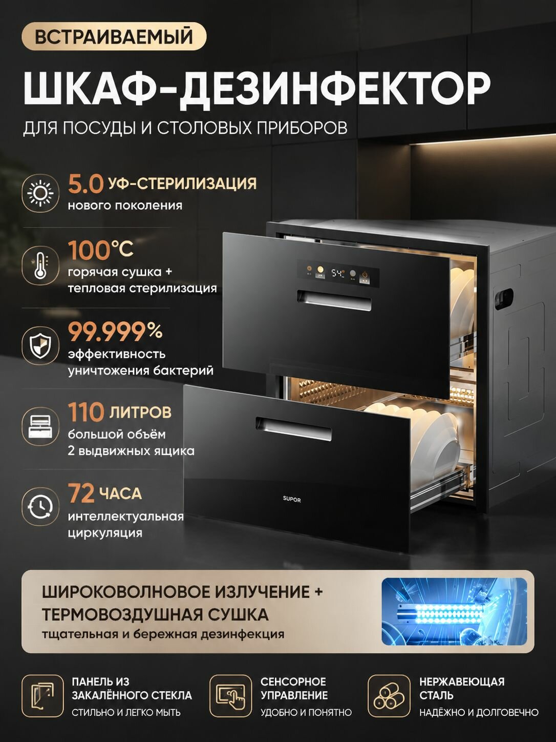 Встраиваемый шкаф-дезинфектор для посуды, объём 110 л