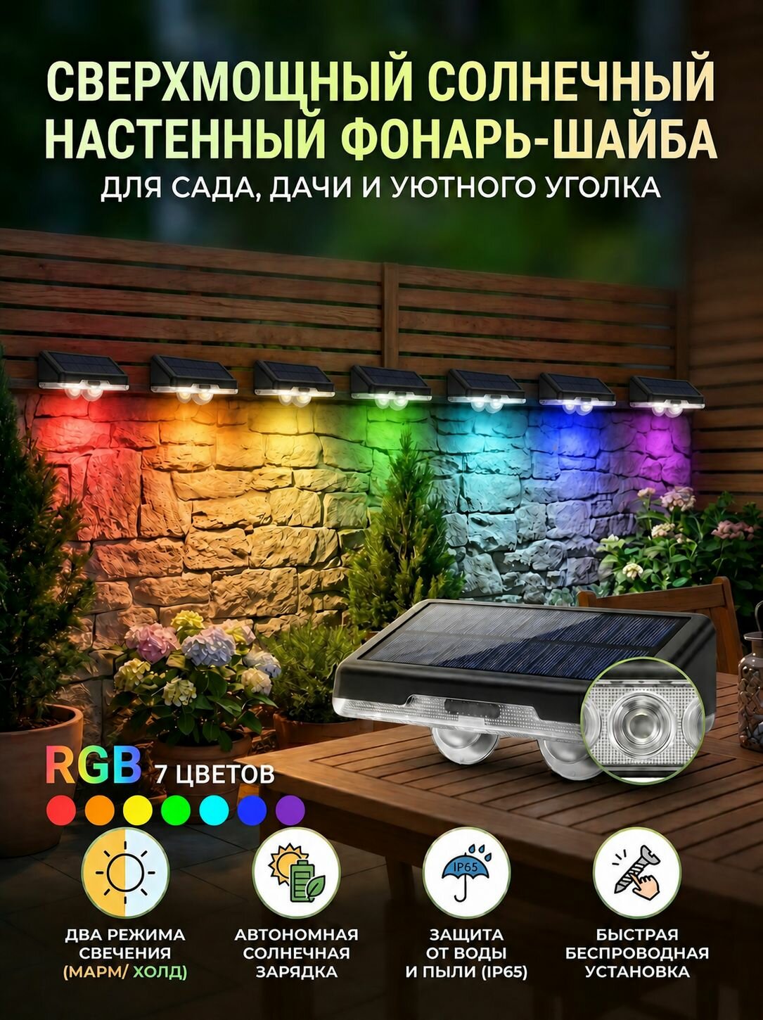 Солнечный настенный светильник RGB с 7 цветами, светодиодная лампа для улицы, сада, дома, автономная подсветка для фасада, забора, беседки
