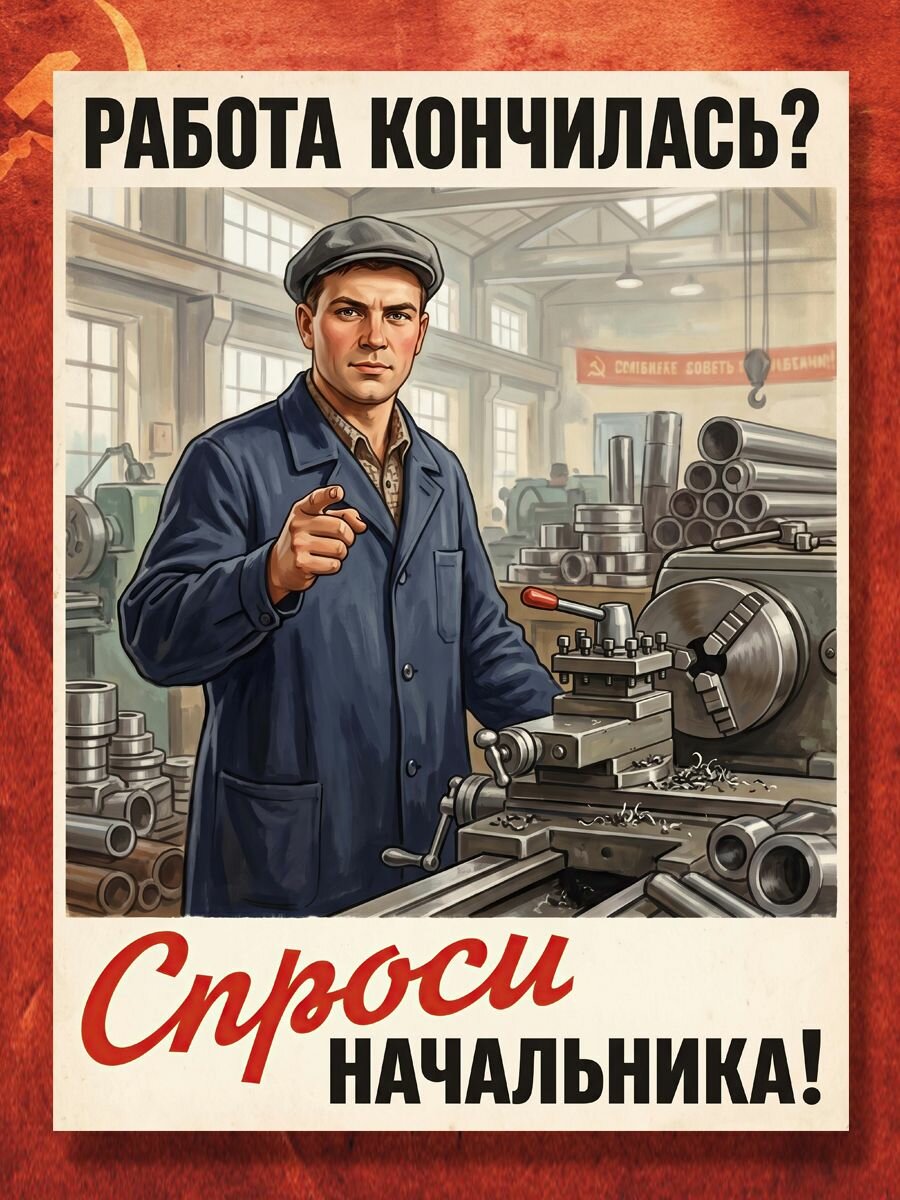 Постер СССР "Работа кончилась? Спроси начальника!" - 30х40см (без рамки)