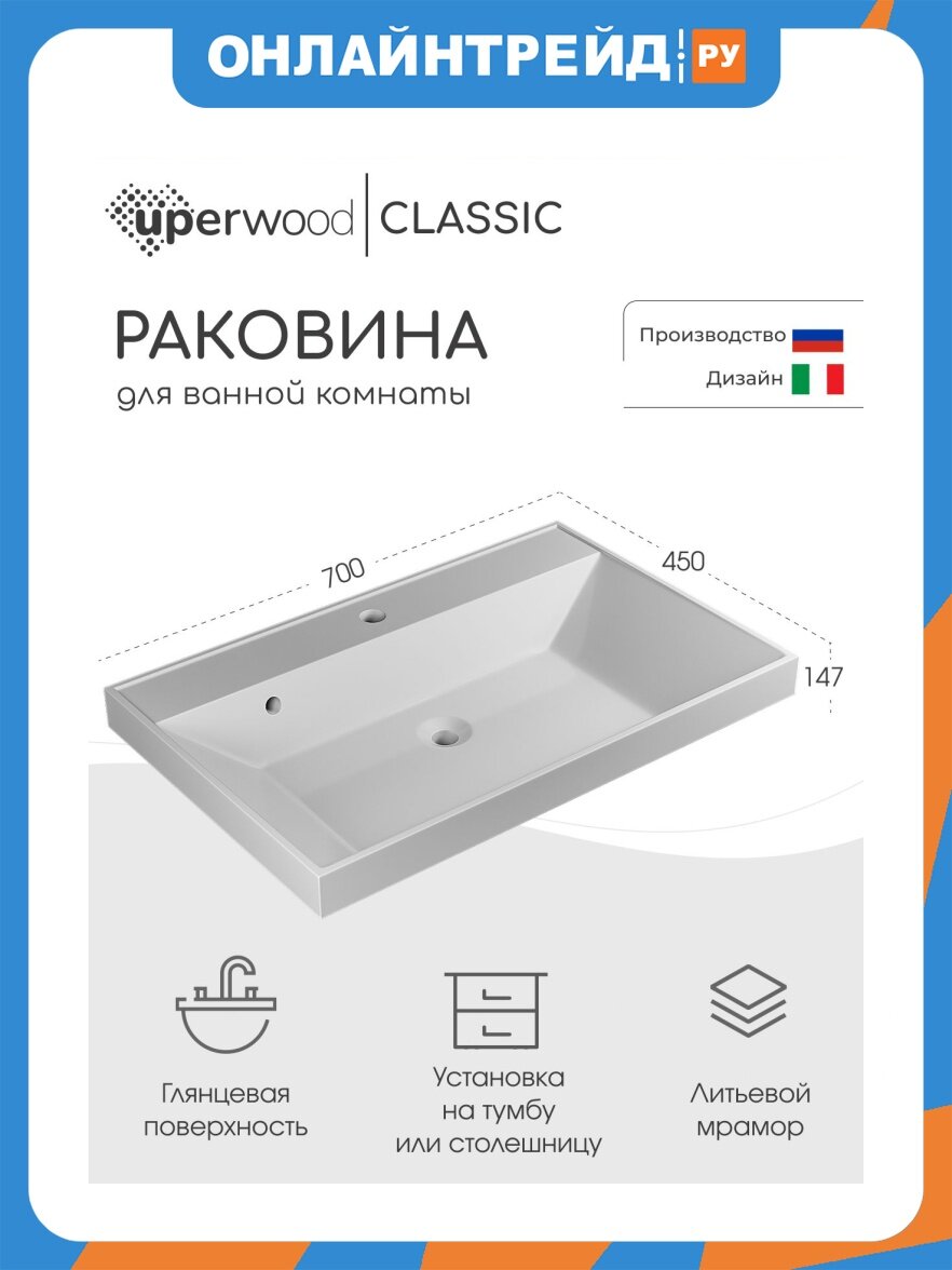 Раковина Uperwood для ванной Classic 70х45х14,5 см, белая глянцевая