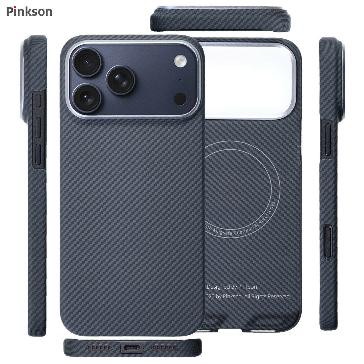 Pinkson iPhone 17 Pro Тонкий Магнитный Чехол с Текстурой из Углеродного Волокна 600D Кевлар, Теплорассеяние, Бизнес
